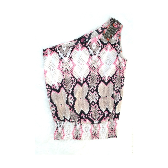 2B Bebe | Tops | Bebe Pink Snake Skin Embellished One Shoulder Top ...